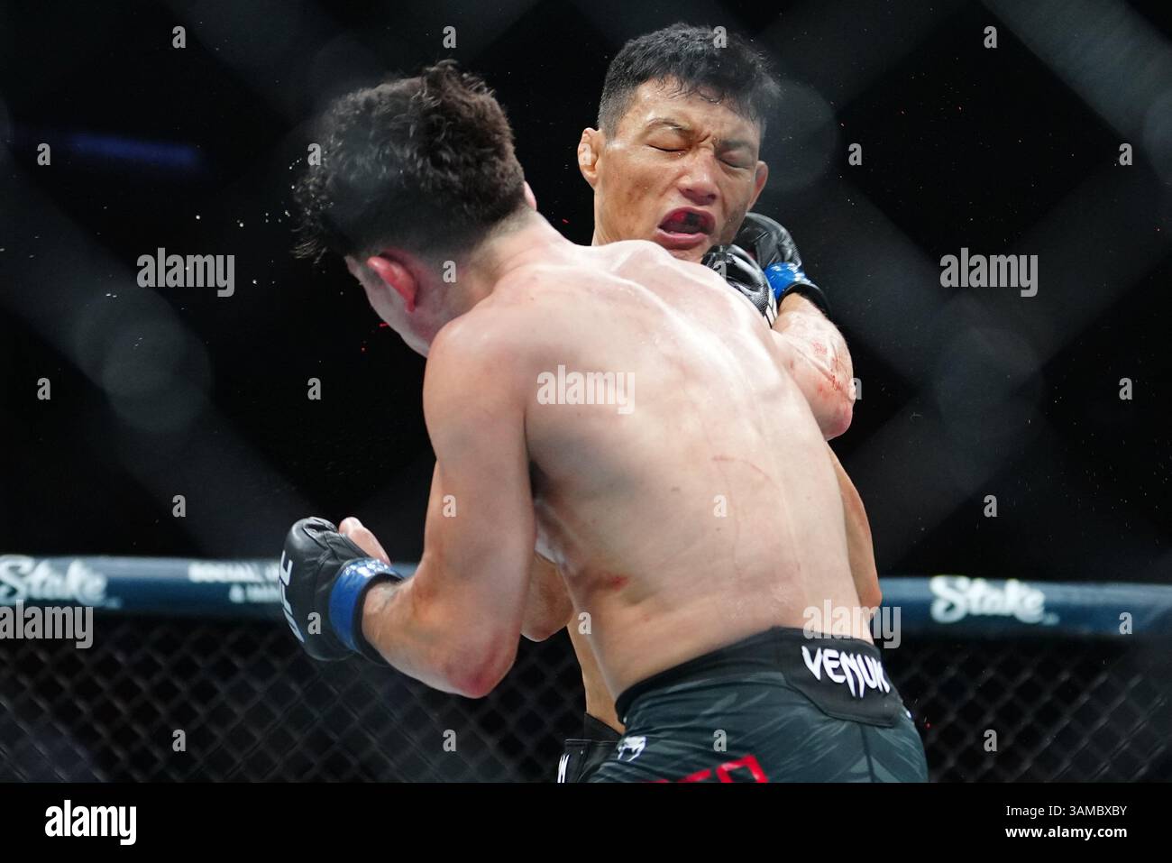 MIAMI, FL - APRIL 12:Sumudaerji and Mitch Raposo meet in the octagon ...