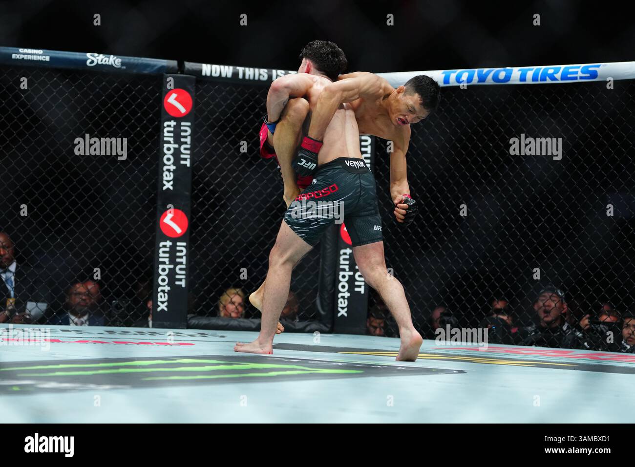 MIAMI, FL - APRIL 12:Sumudaerji and Mitch Raposo meet in the octagon ...