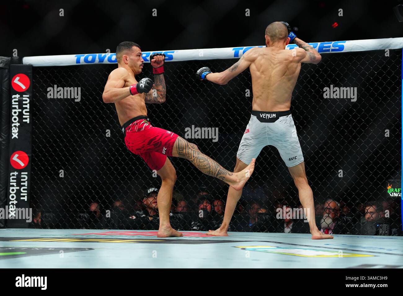 MIAMI, FL - APRIL 12: Dan Ige and Sean Woodson meet in the octagon for ...