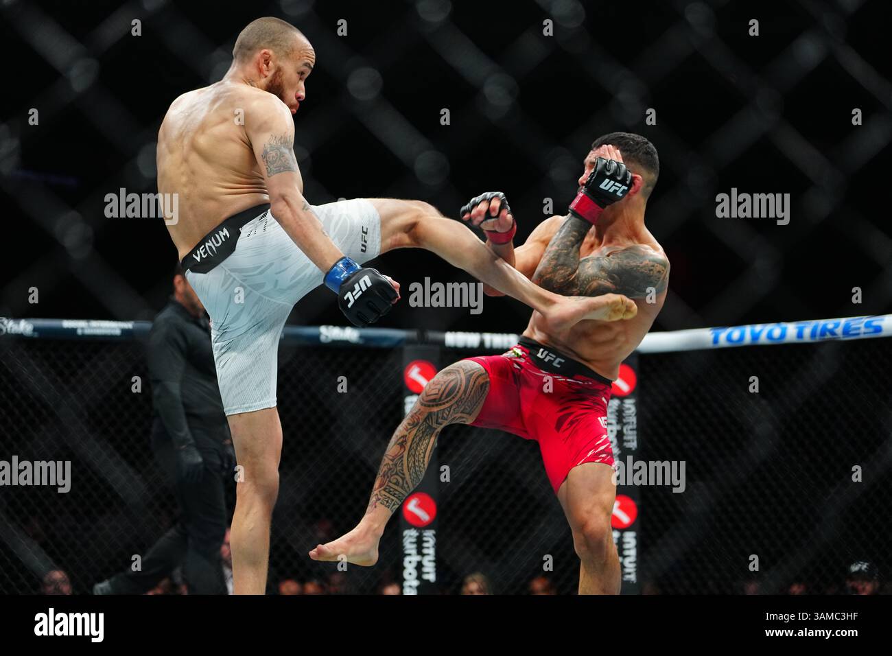 MIAMI, FL - APRIL 12: Dan Ige and Sean Woodson meet in the octagon for ...
