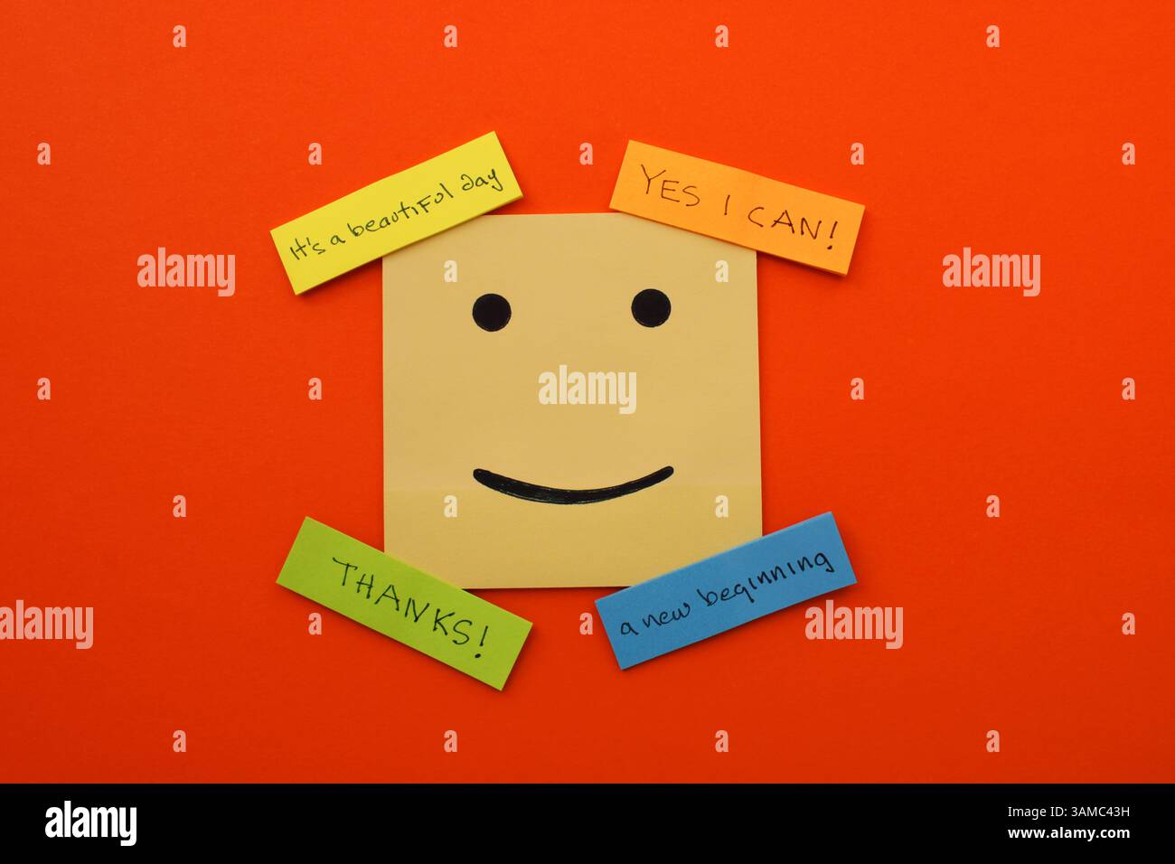 Happy face surrounded by colorful notes with personal development ...