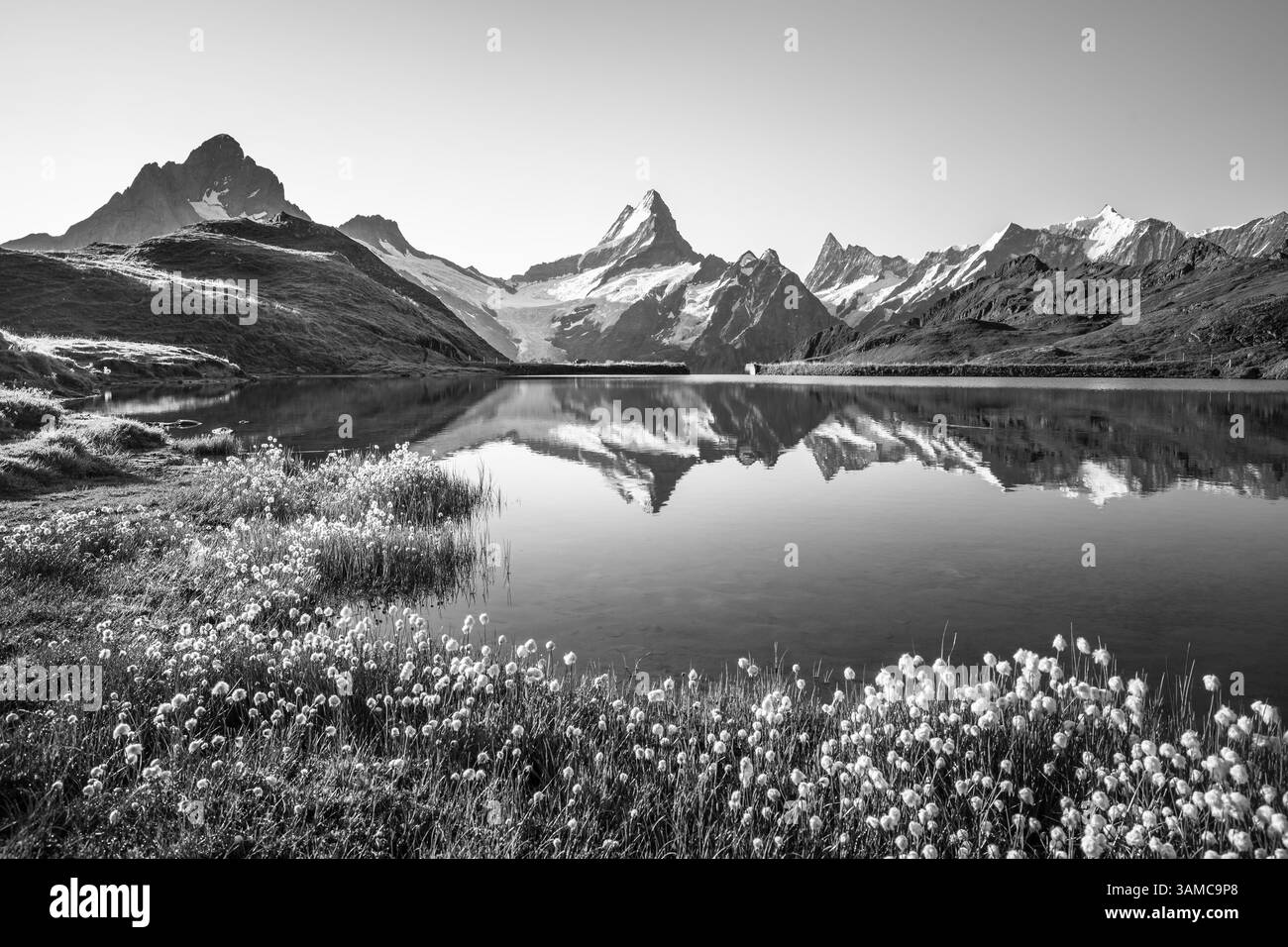 Sunrise view on Bernese range above Bachalpsee lake. Peaks Eiger ...