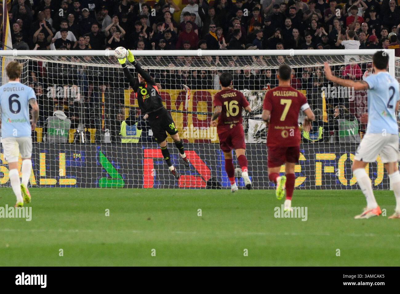 Roma, Italia. 13th Apr, 2025. Roma's goalkeeper Mile Svilar during the ...