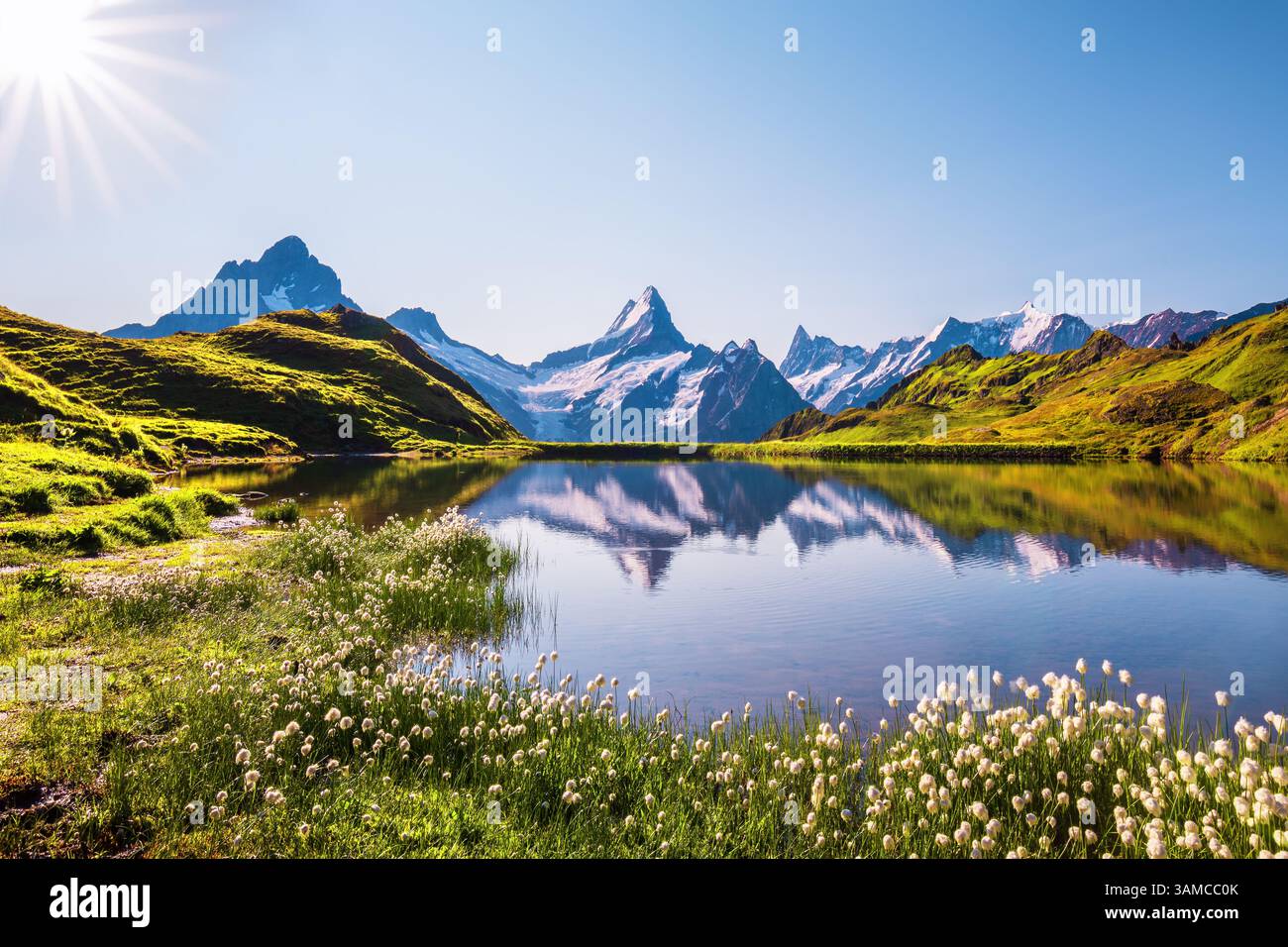 Sunrise view on Bernese range above Bachalpsee lake. Peaks Eiger ...