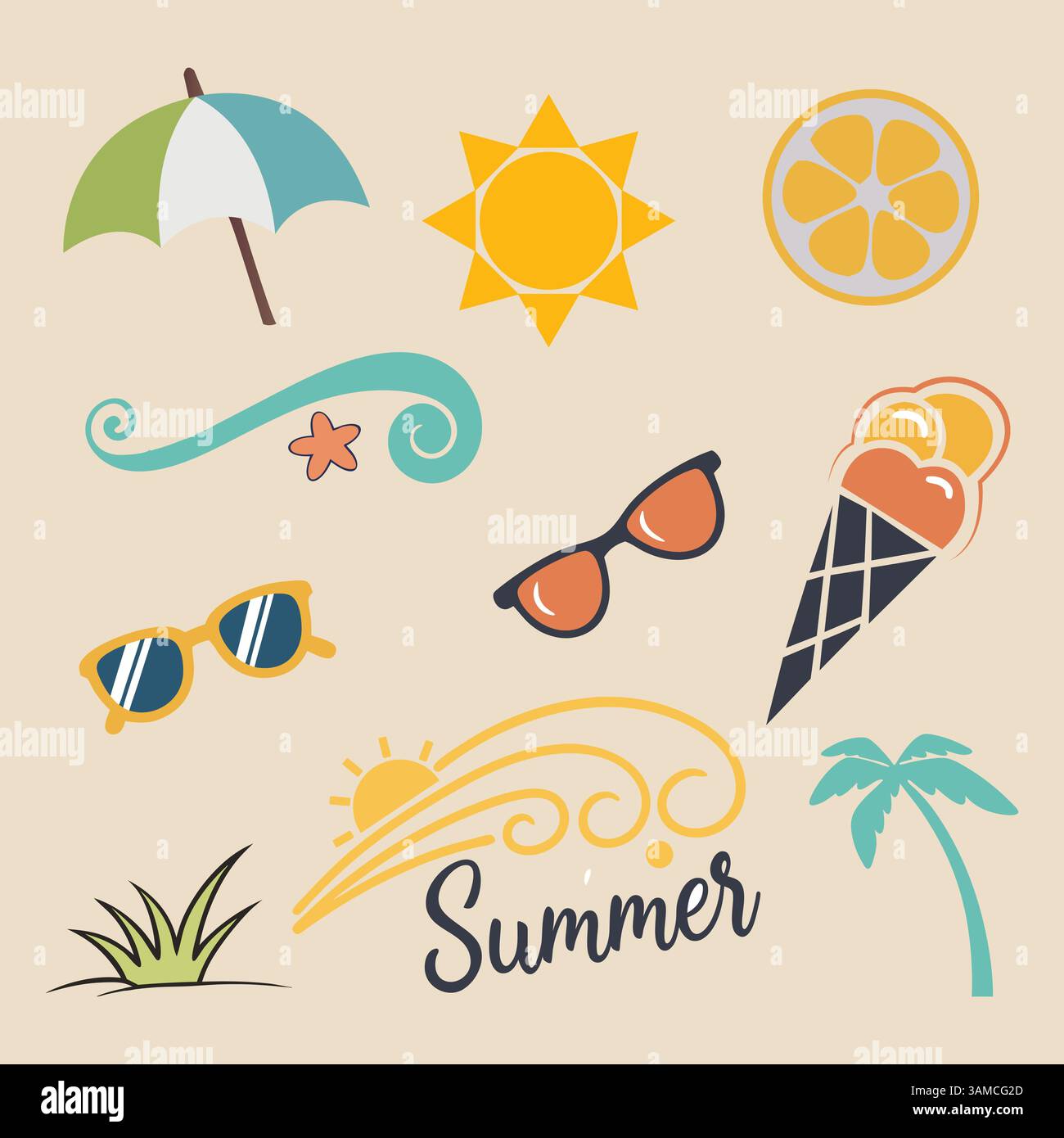 A playful and colorful illustration of various summer themed icons with ...