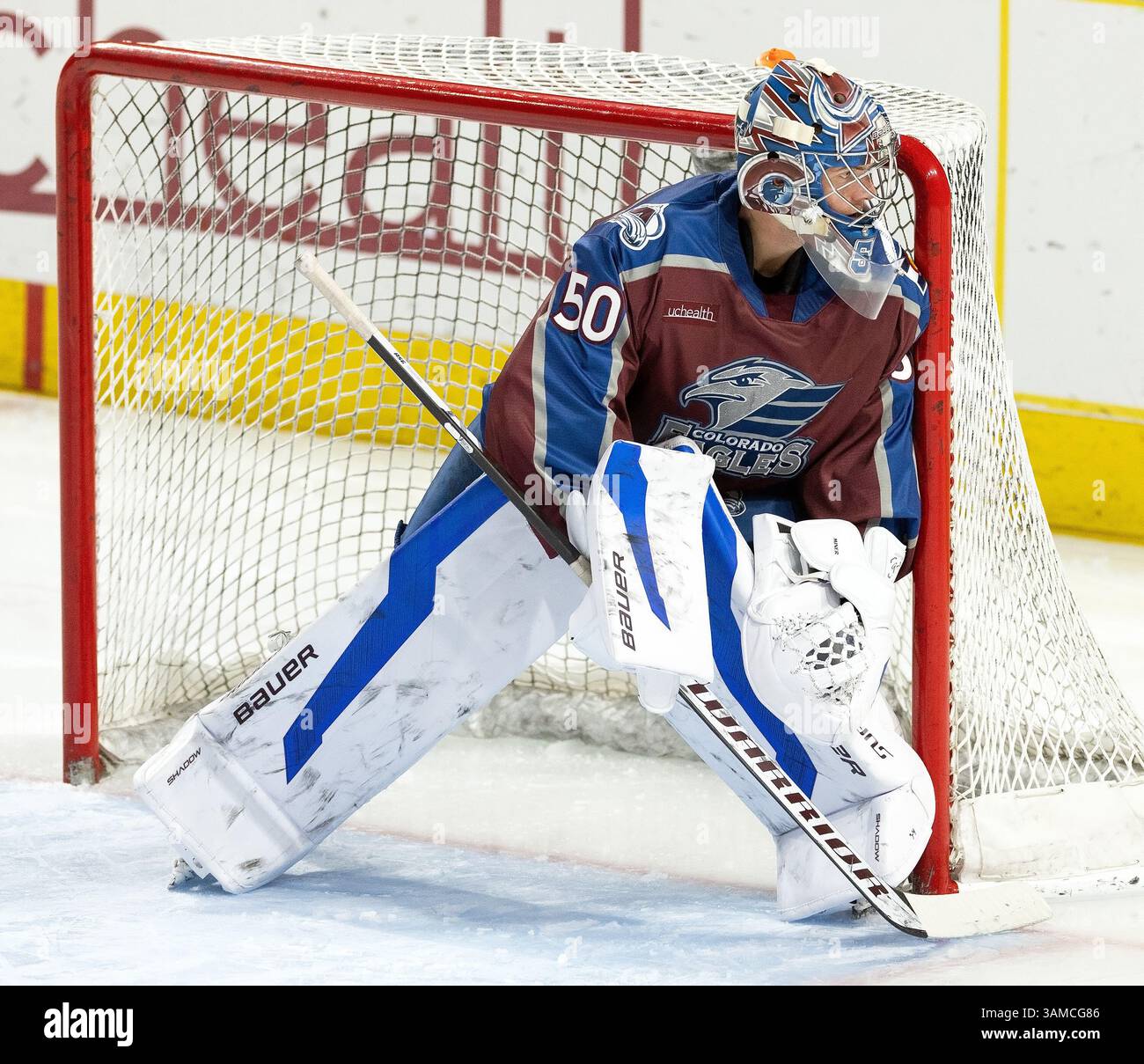 April 13, 2025, Loveland, Colorado, USA: Eagles G TRENT MINER looks on ...