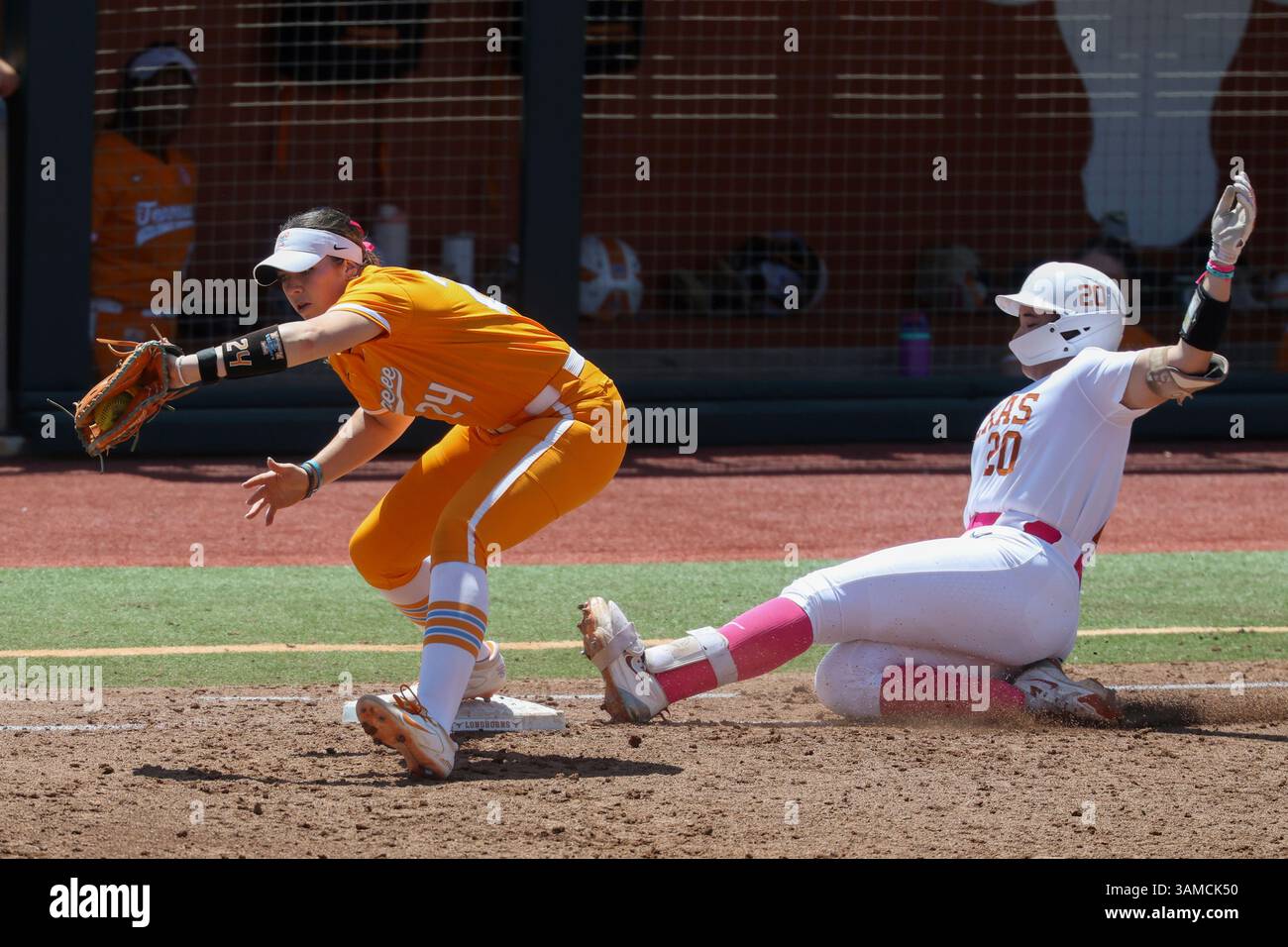 AUSTIN, TX - APRIL 13: Texas utility Katie Stewart (20) cannot slide ...