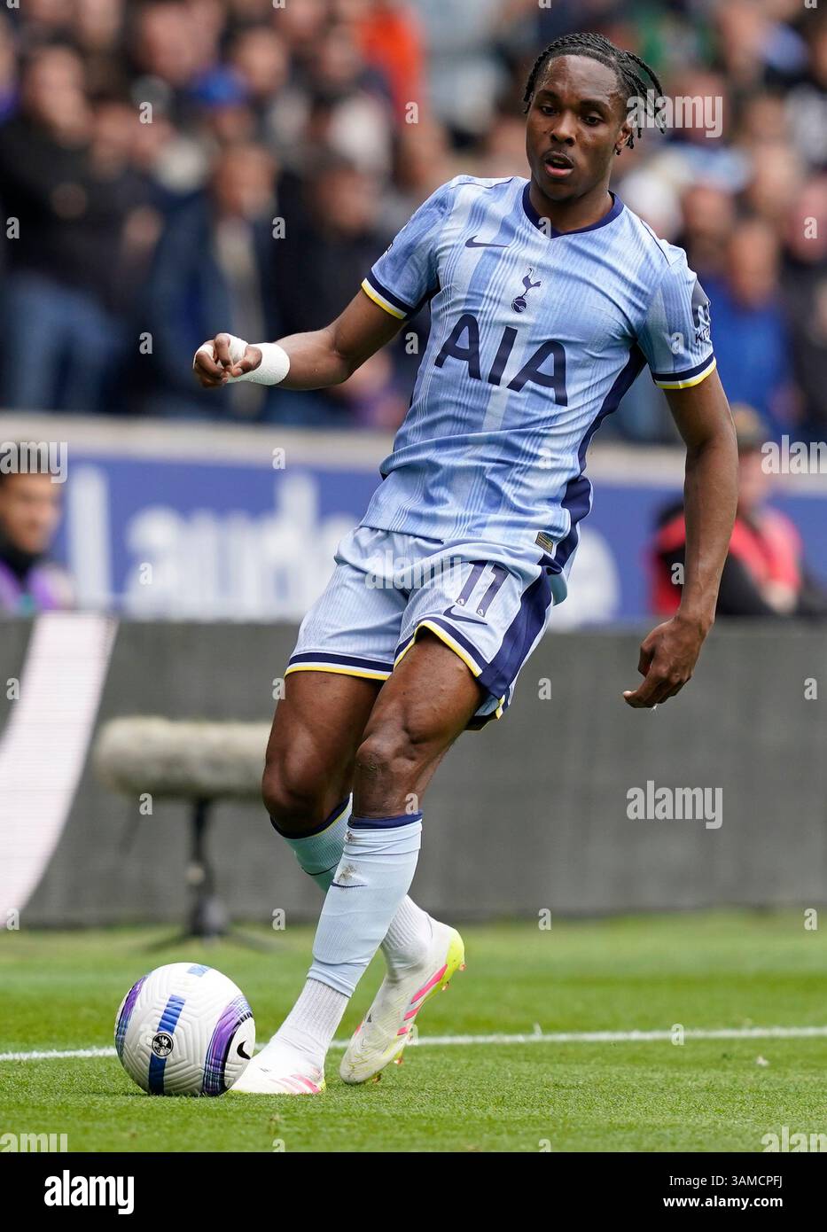 Wolverhampton, UK. 13th Apr, 2025. Mathys Tel of Tottenham during the ...