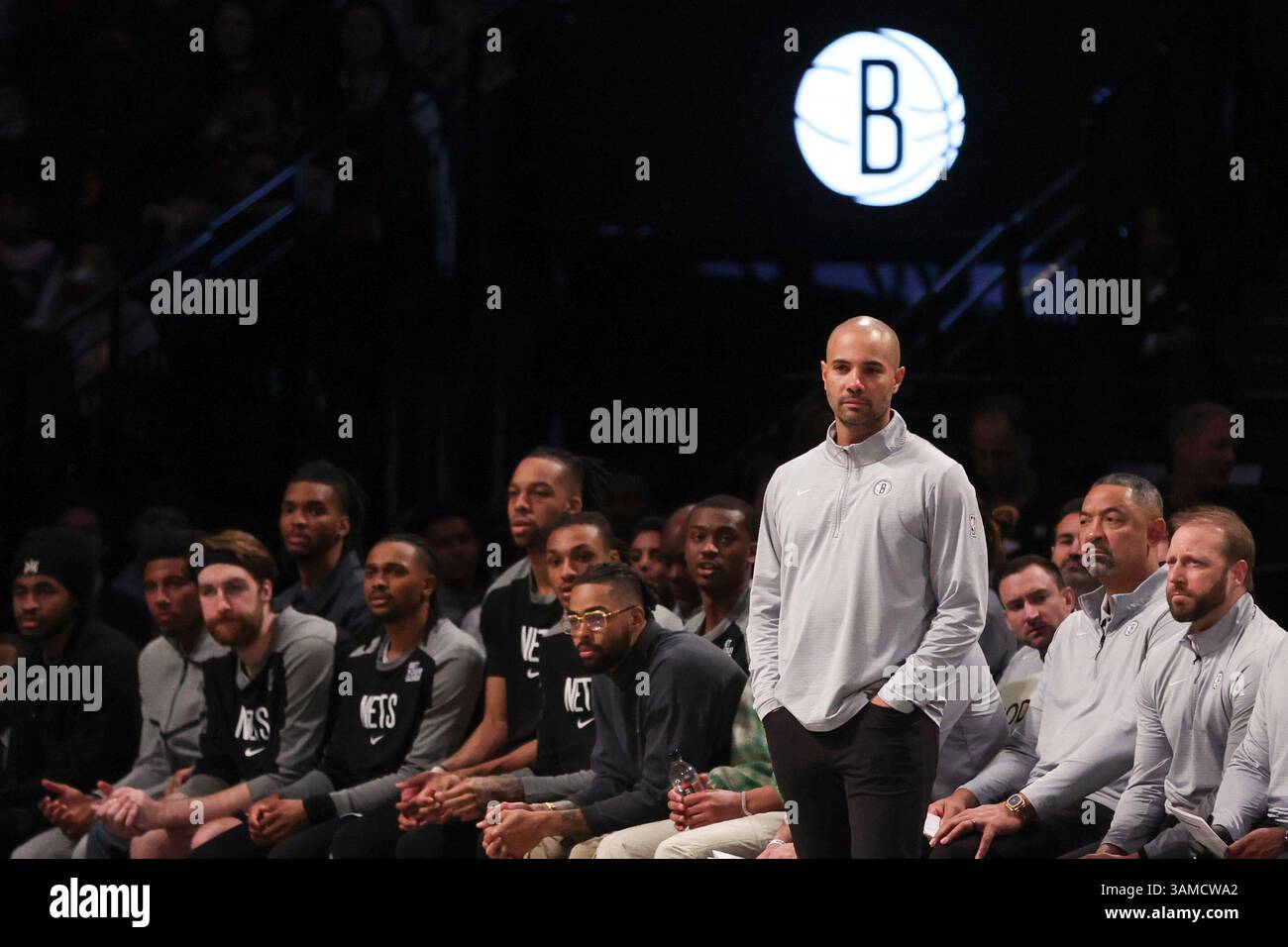 Brooklyn Nets head coach Jordi Fernández looks on during the first half ...