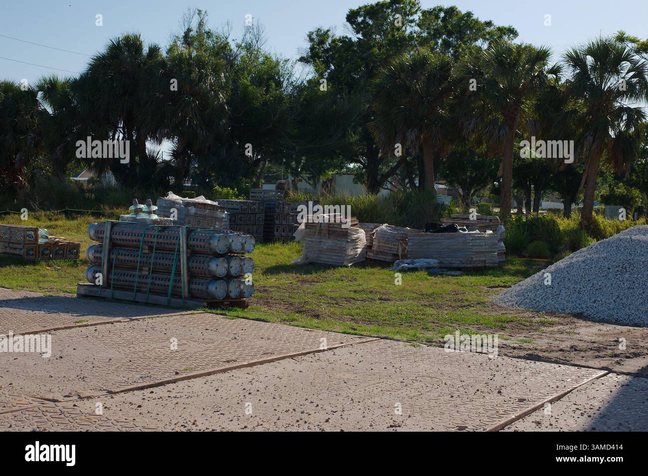 Outdoor Construction Material Storage Area With Stacked Supplies and ...