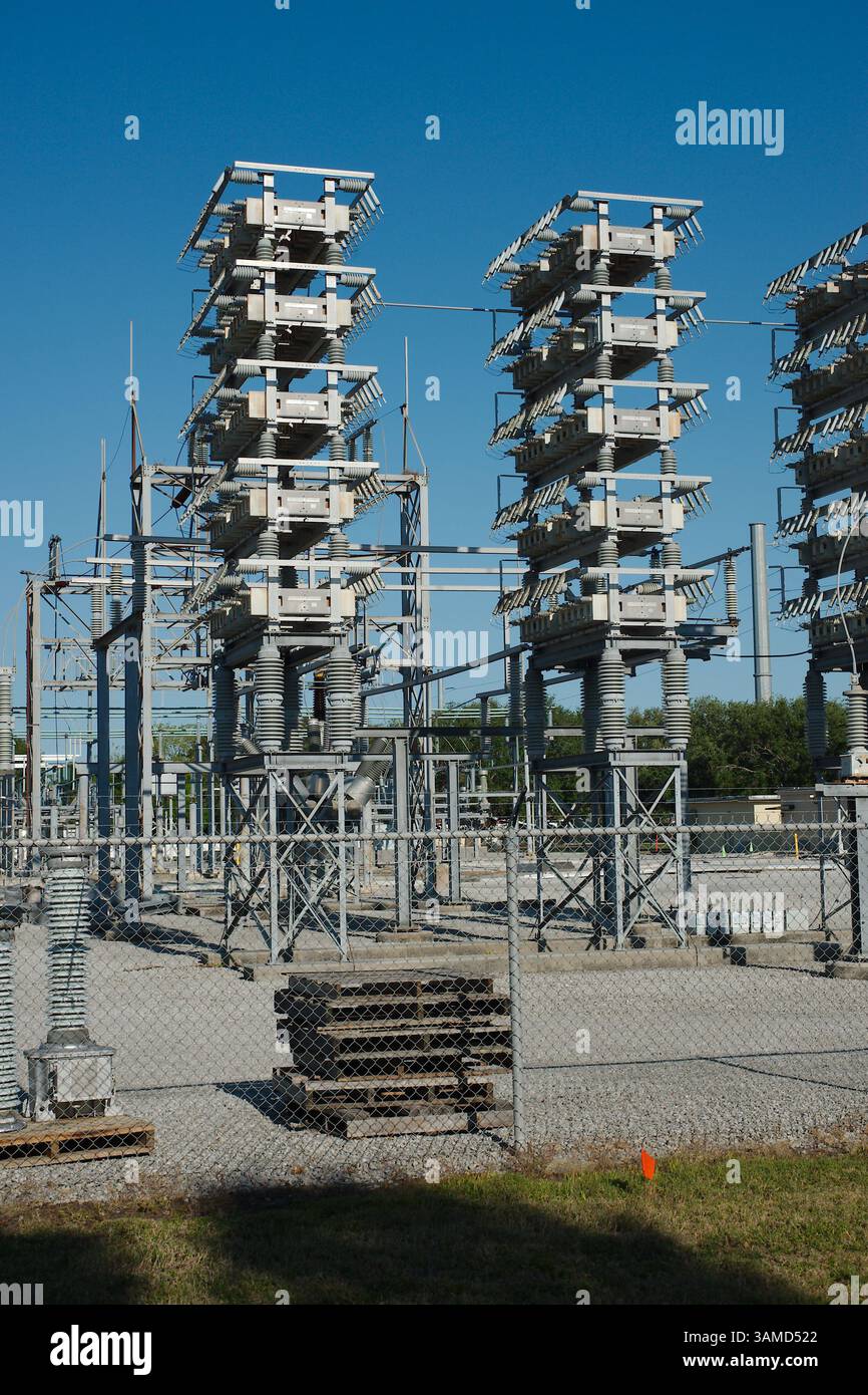 Vertical view of the Electric substation Leading lines poles with High ...
