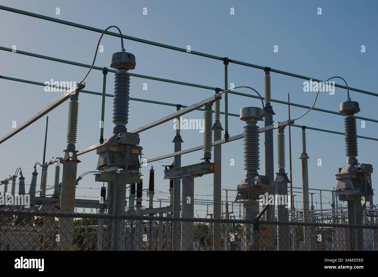 Wide view of the Electric substation with High Power Lines. Multiple ...