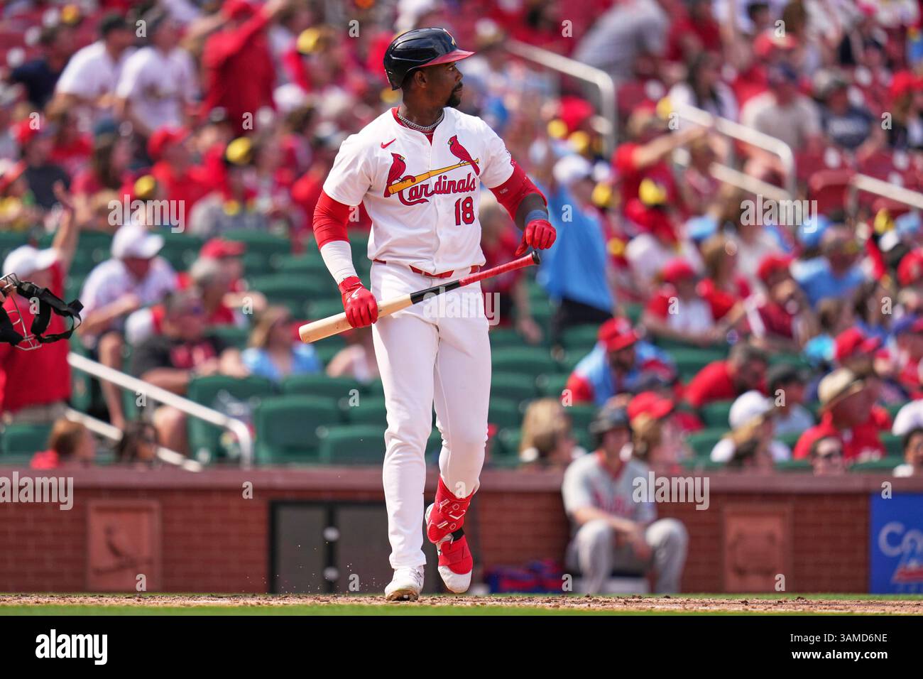 St. Louis Cardinals' Jordan Walker (18) watches his two-run home run ...