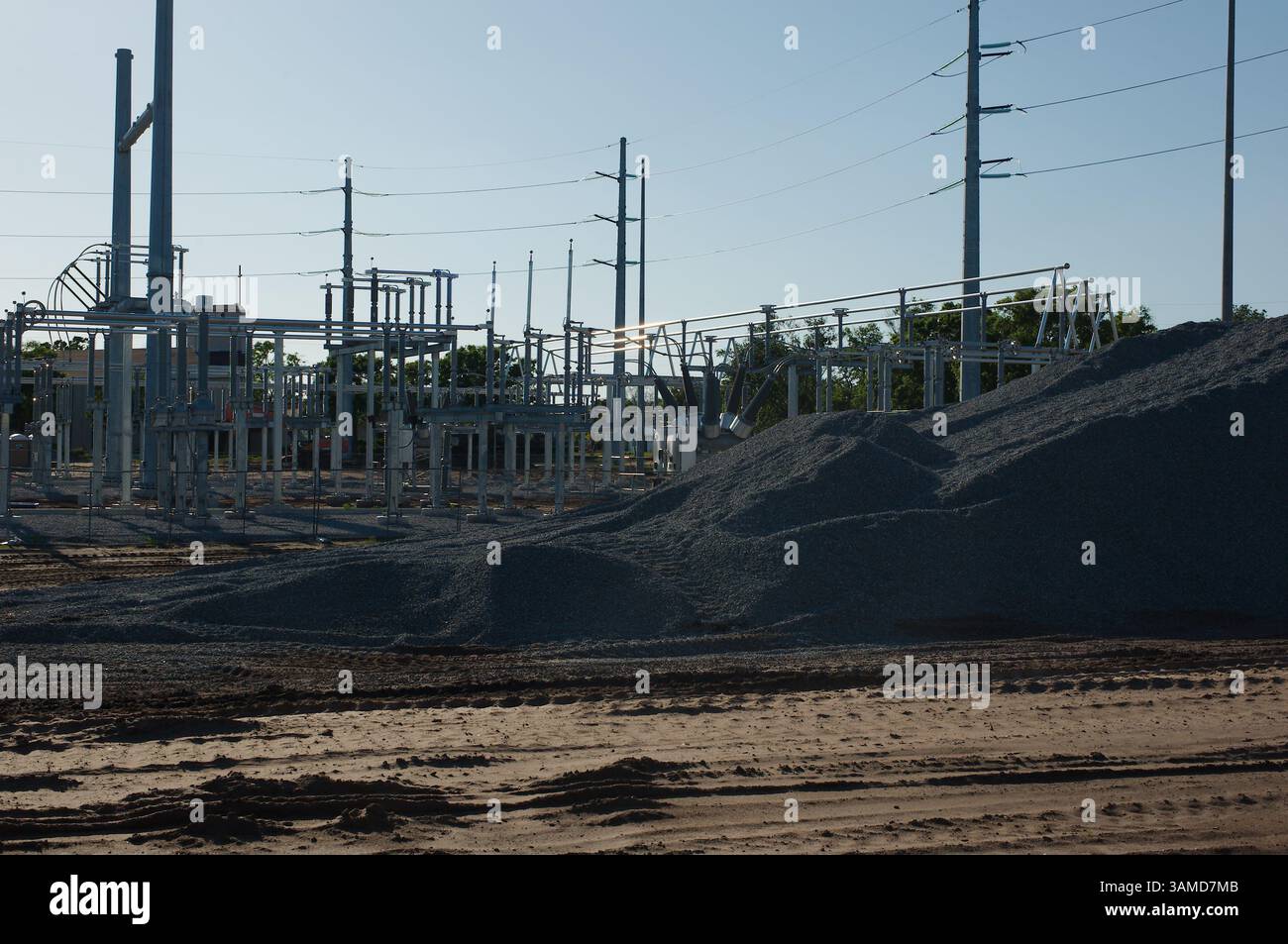 Gravel Pile at utility Construction Site with Electric Substation ...