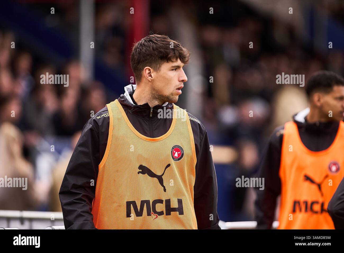 Aarhus, Denmark. 13th, April 2025. Adam Gabriel of FC Midtjylland is ...