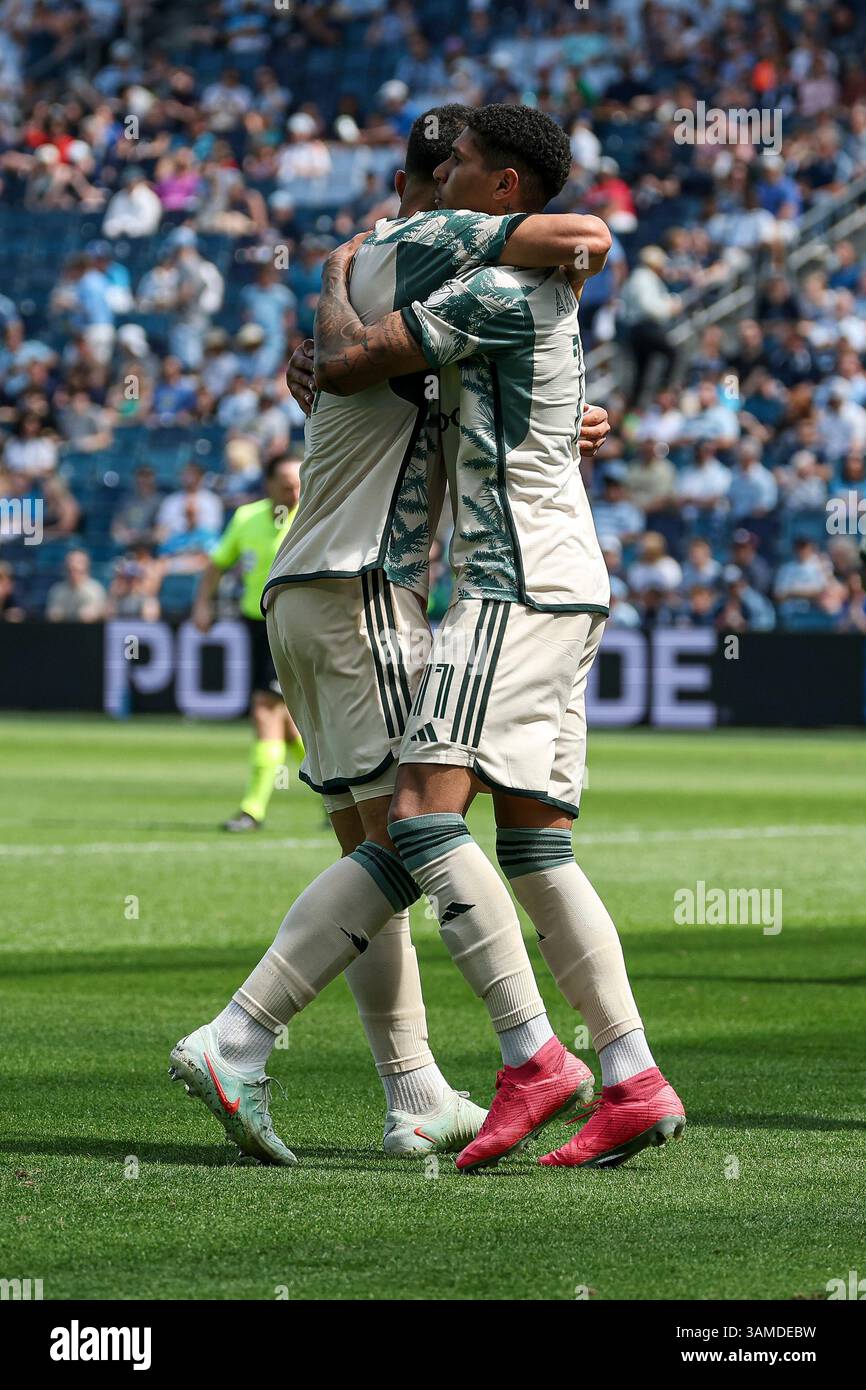 April 13, 2025: Portland Timbers forward Kevin Kelsy (19), left, and ...