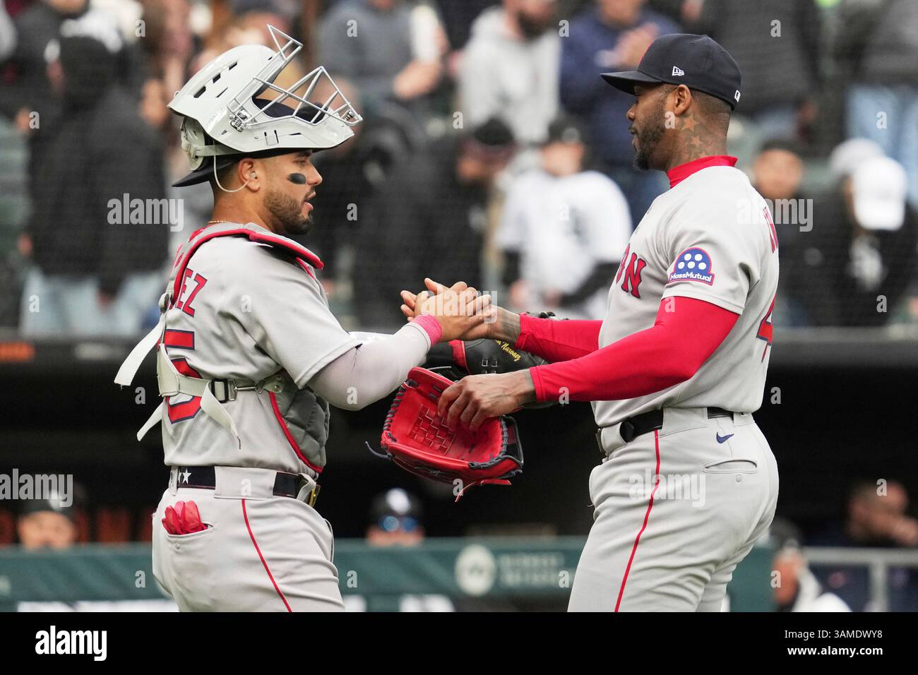Boston Red Sox catcher Carlos Narváez, left, celebrates with relief ...