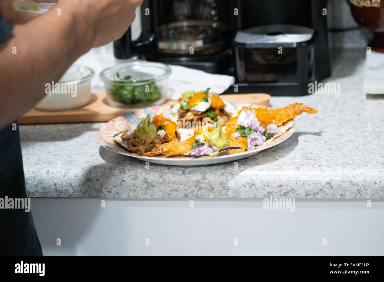 Close-up homemade street tacos with meat, onions, cilantro, and sour ...