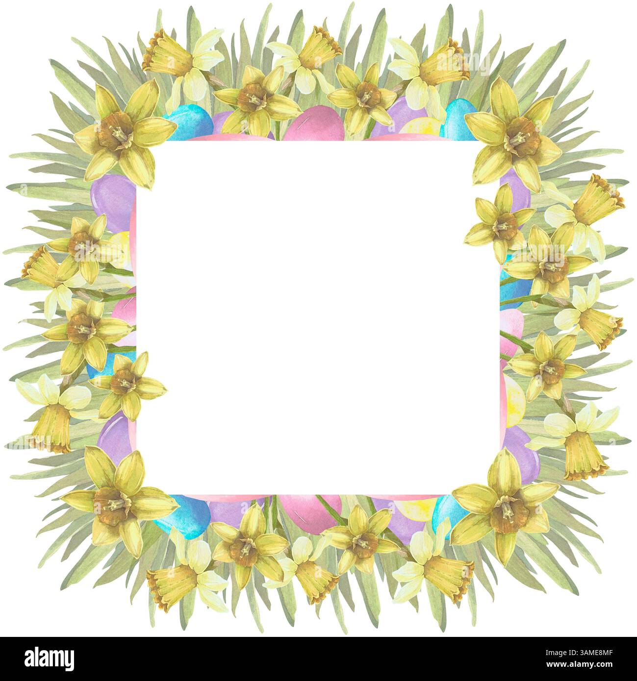 Frame of spring flowers with Easter eggs, watercolor illustration ...