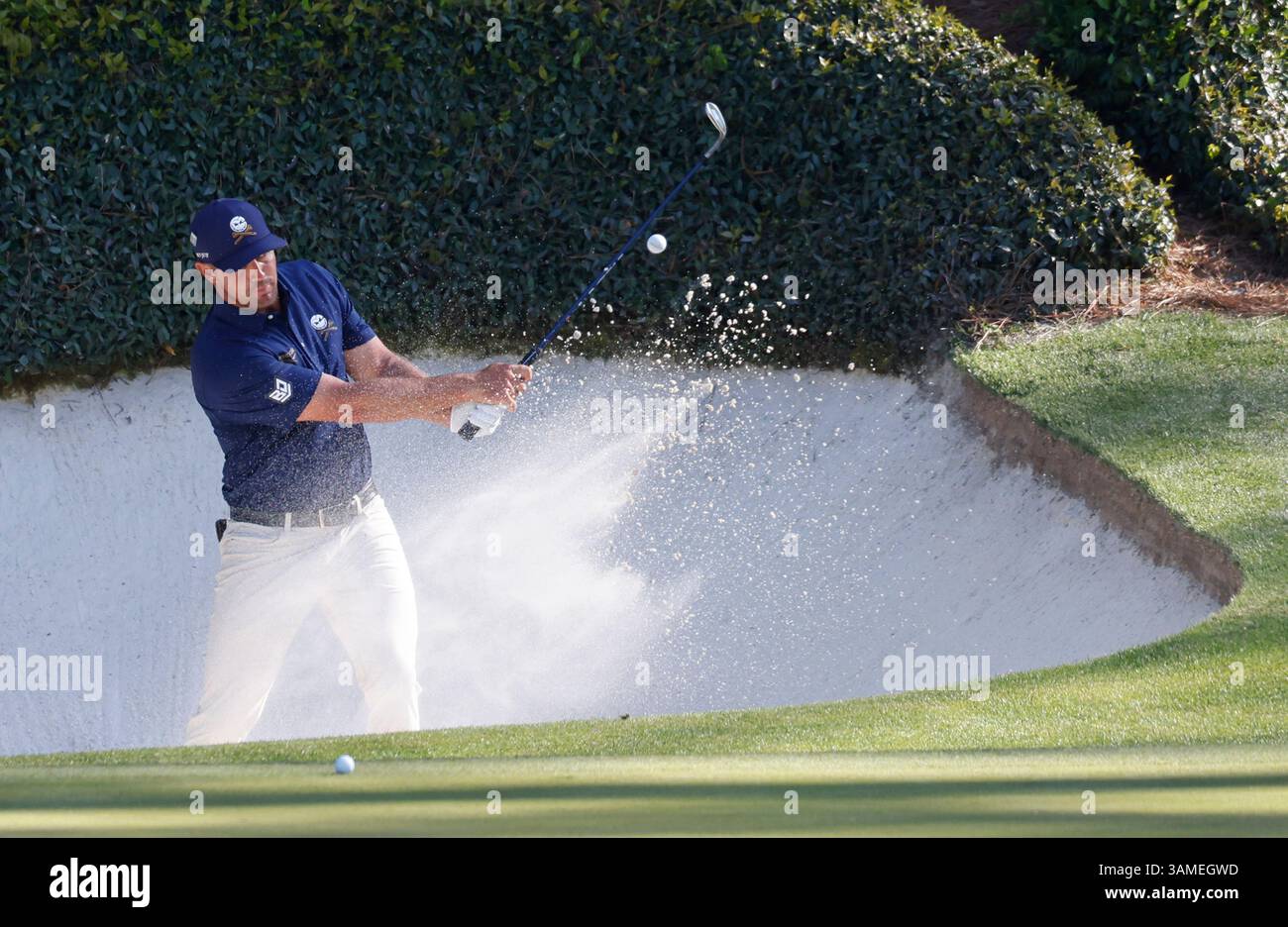 Augusta, United States. 13th Apr, 2025. Bryson DeCambeau hits out of a ...