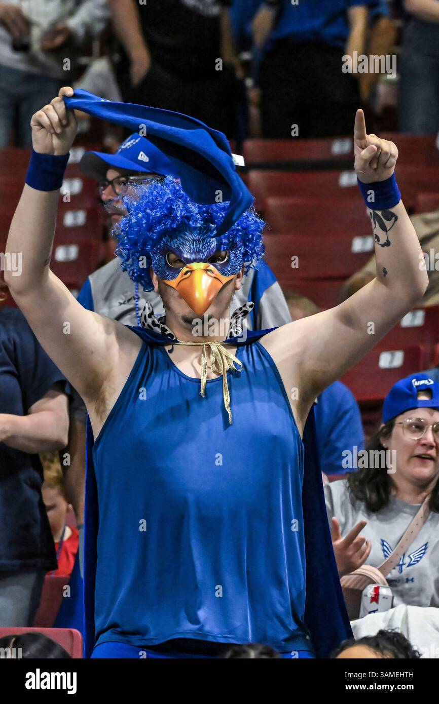 ST. LOUIS, MO - APRIL 13: A fan dressed up as a Battlehawk cheers on ...