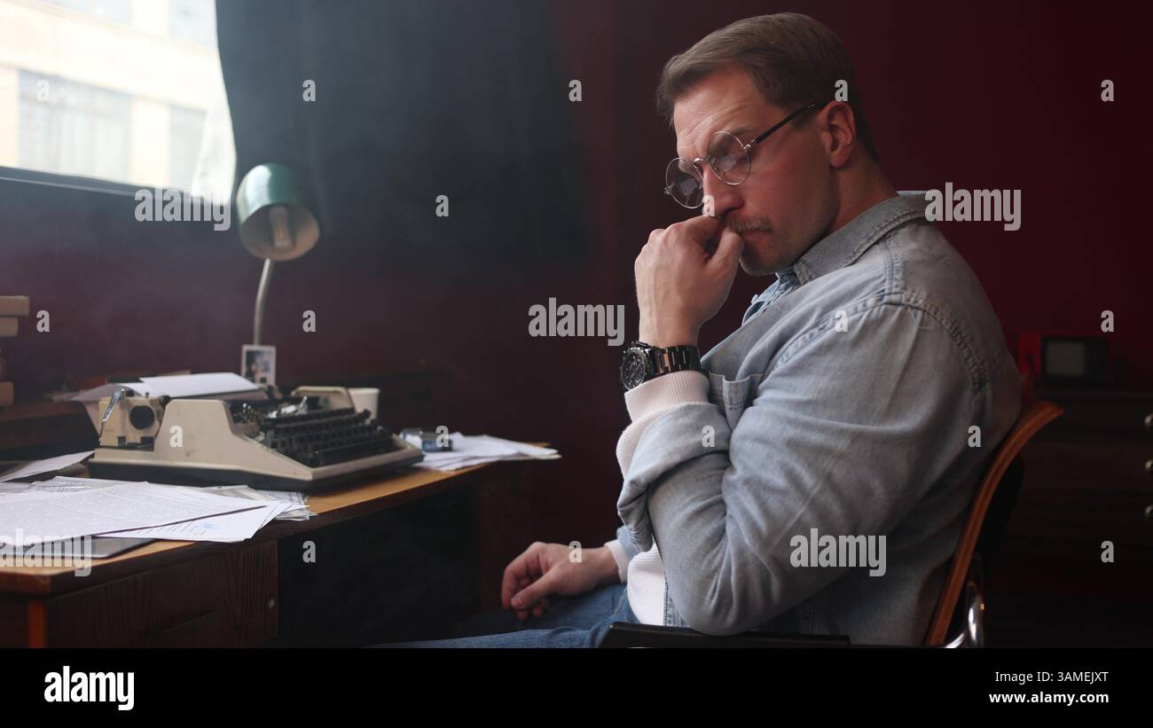 Cinematic vintage writer scene with smoke-filled office, soft-focus on ...