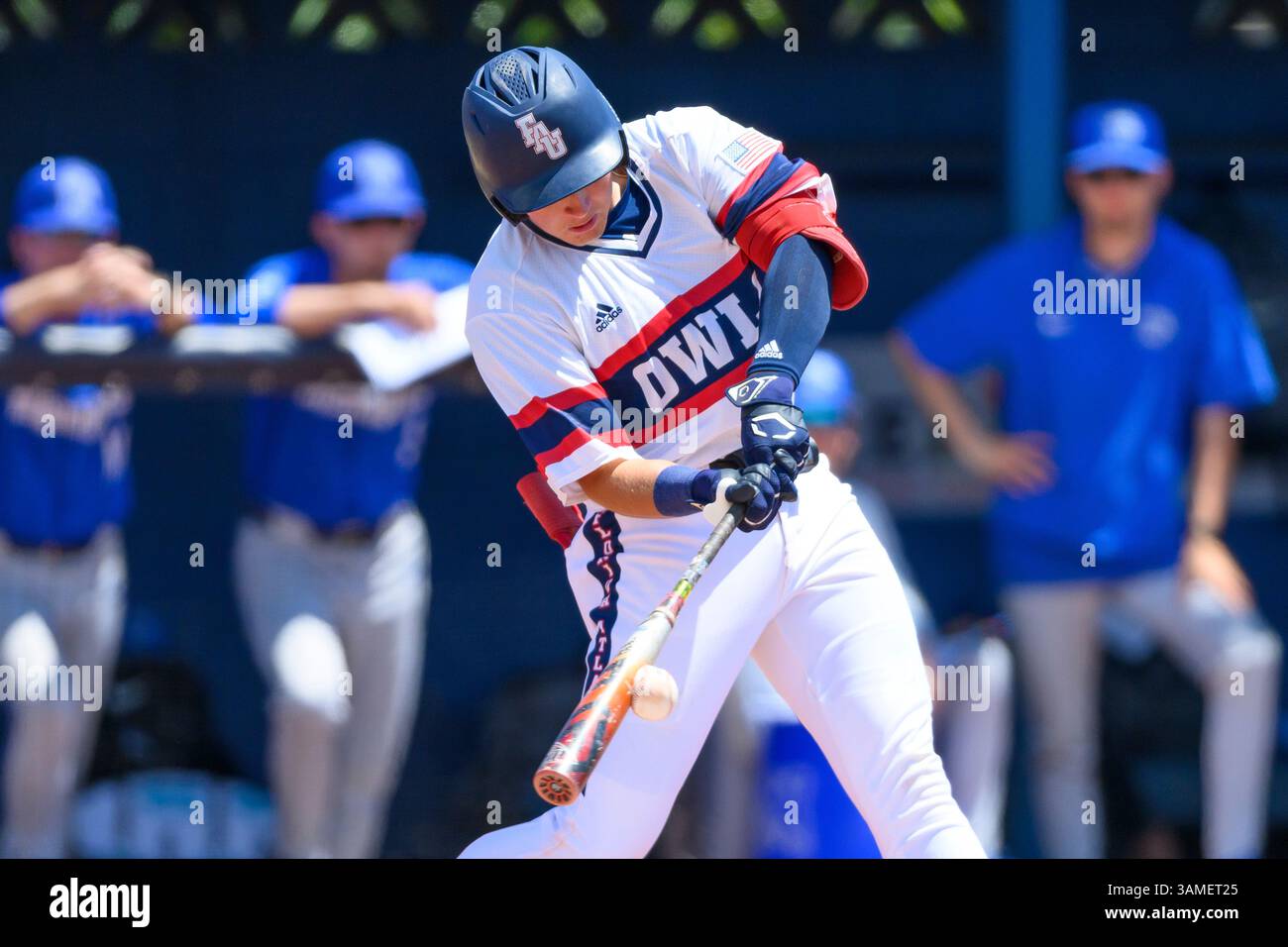 Florida Atlantic pitcher Jake Millan (22) bats during an NCAA baseball ...