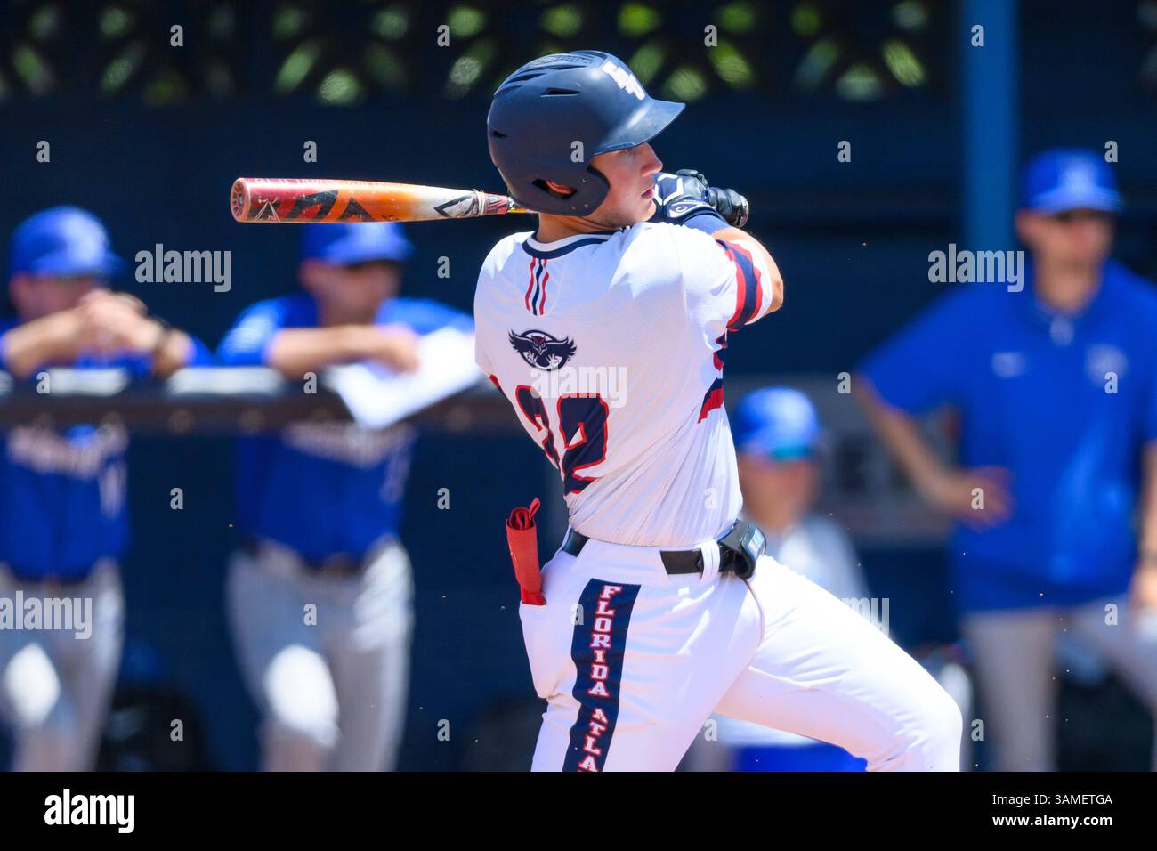 Florida Atlantic pitcher Jake Millan (22) bats during an NCAA baseball ...