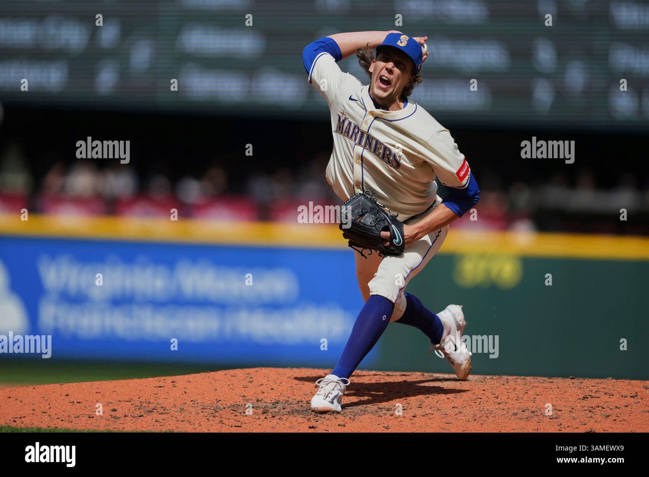 Seattle Mariners starting pitcher Logan Gilbert throws against the ...