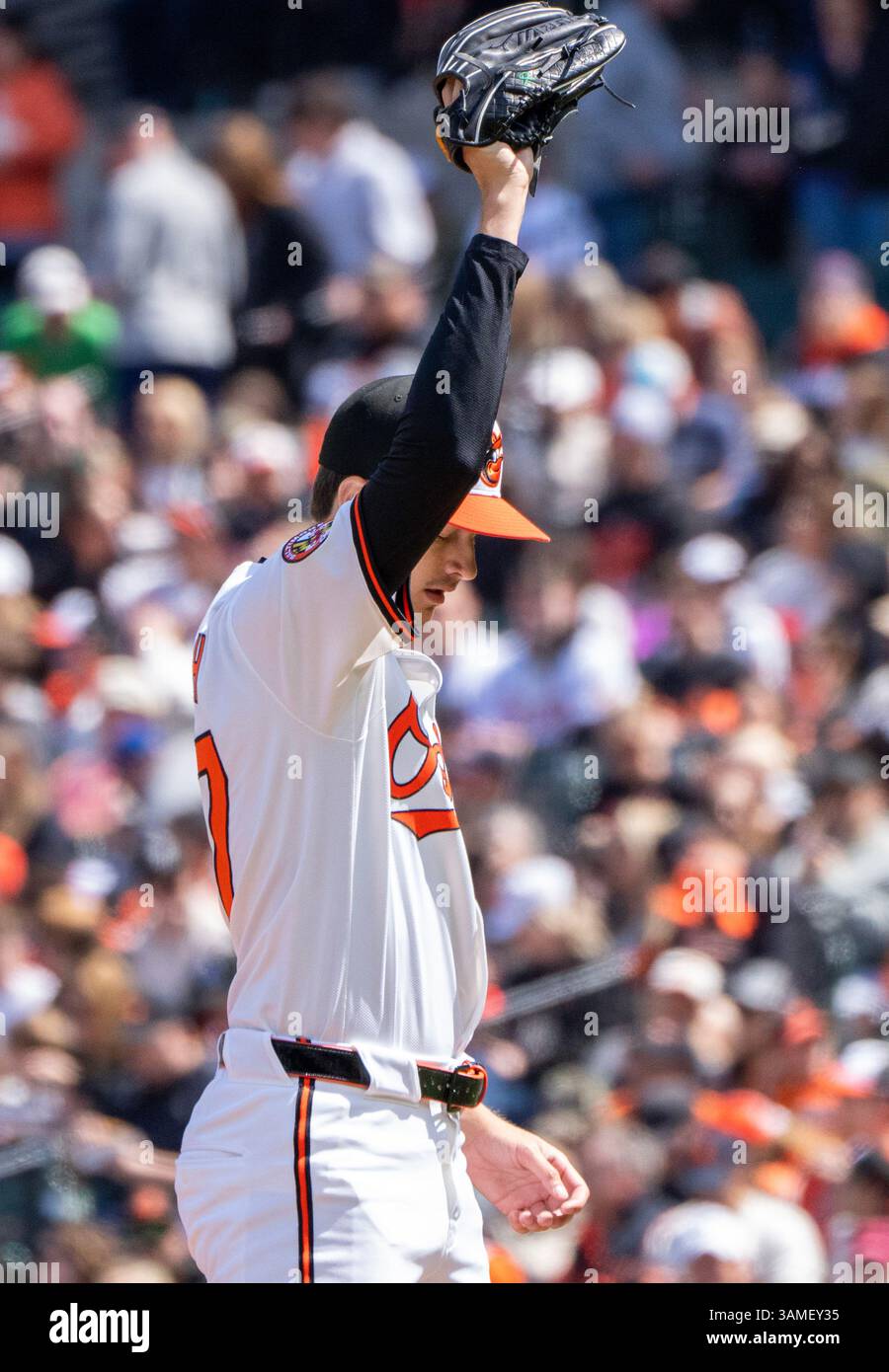 Baltimore, USA. 13th Apr, 2025. BALTIMORE, MD - APRIL 13: Baltimore Orioles pitcher Cade Povich ...