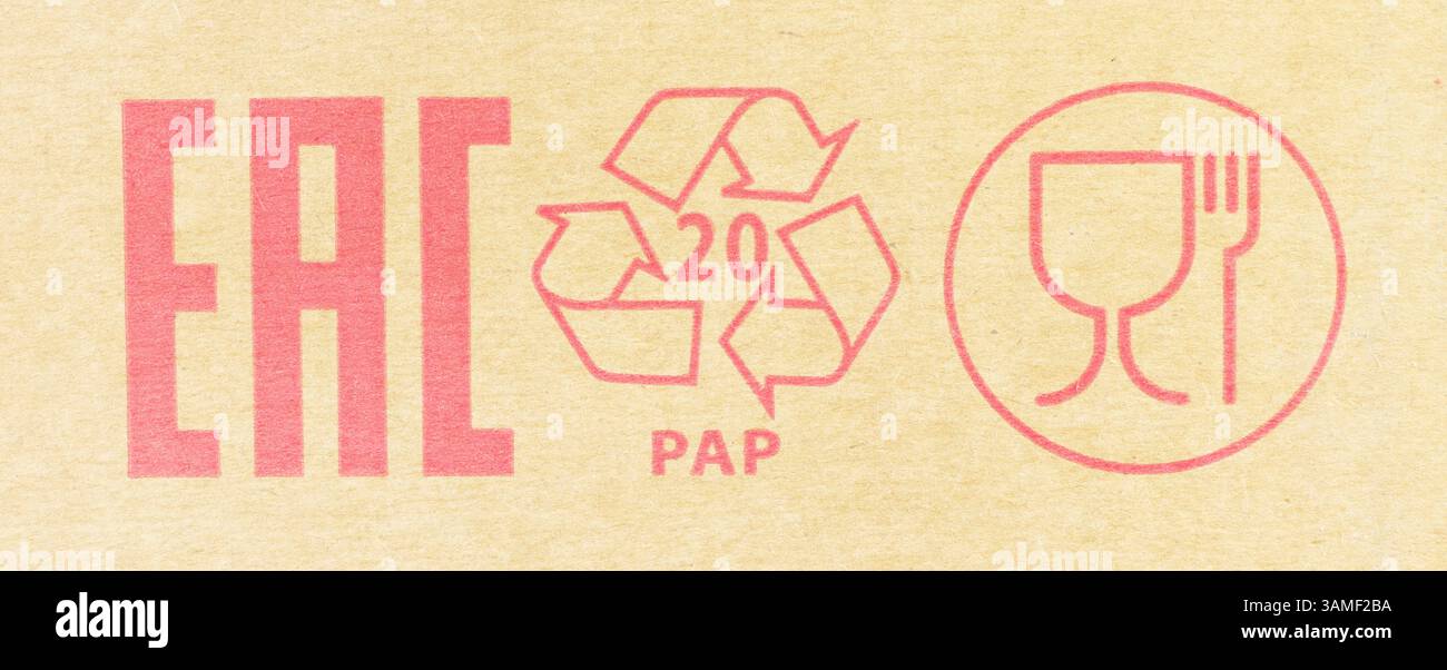Eac certification and recycling symbols on cardboard packaging Stock ...