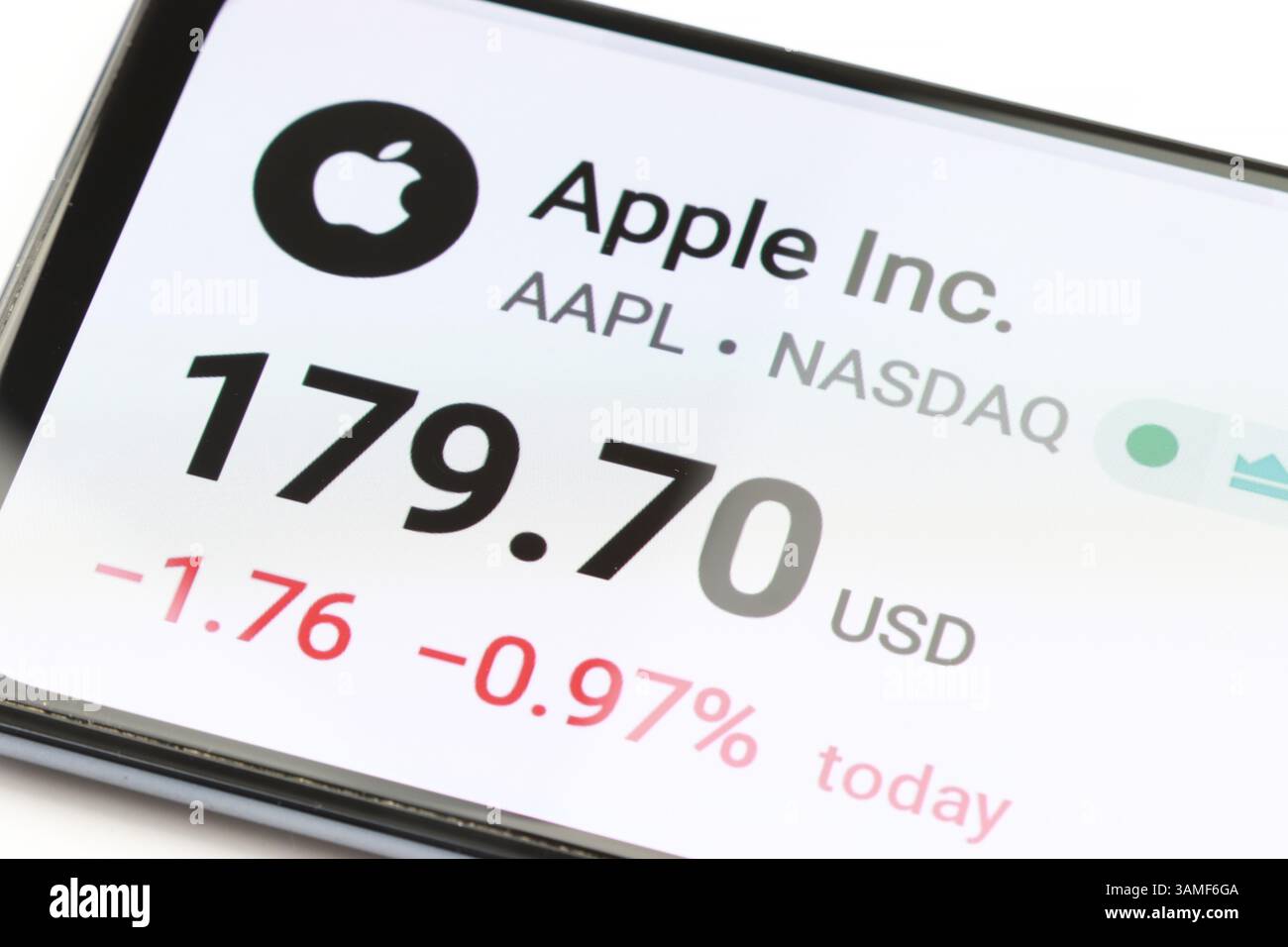 Apple inc. stock price on smartphone screen showing decline in value ...