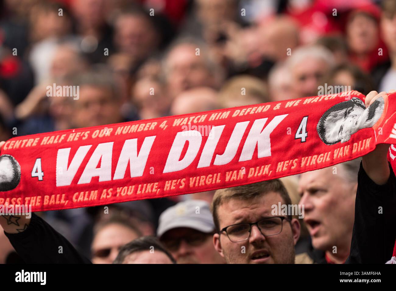 Anfield, Liverpool on Sunday 13th April 2025. A Liverpool supporter ...