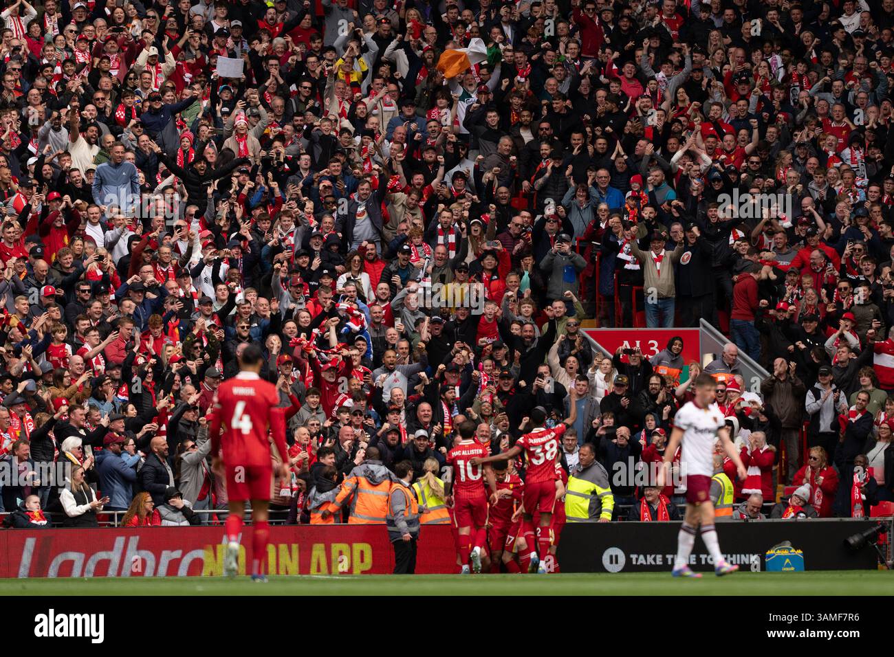 Anfield, Liverpool on Sunday 13th April 2025. Liverpool's Luis Diaz ...
