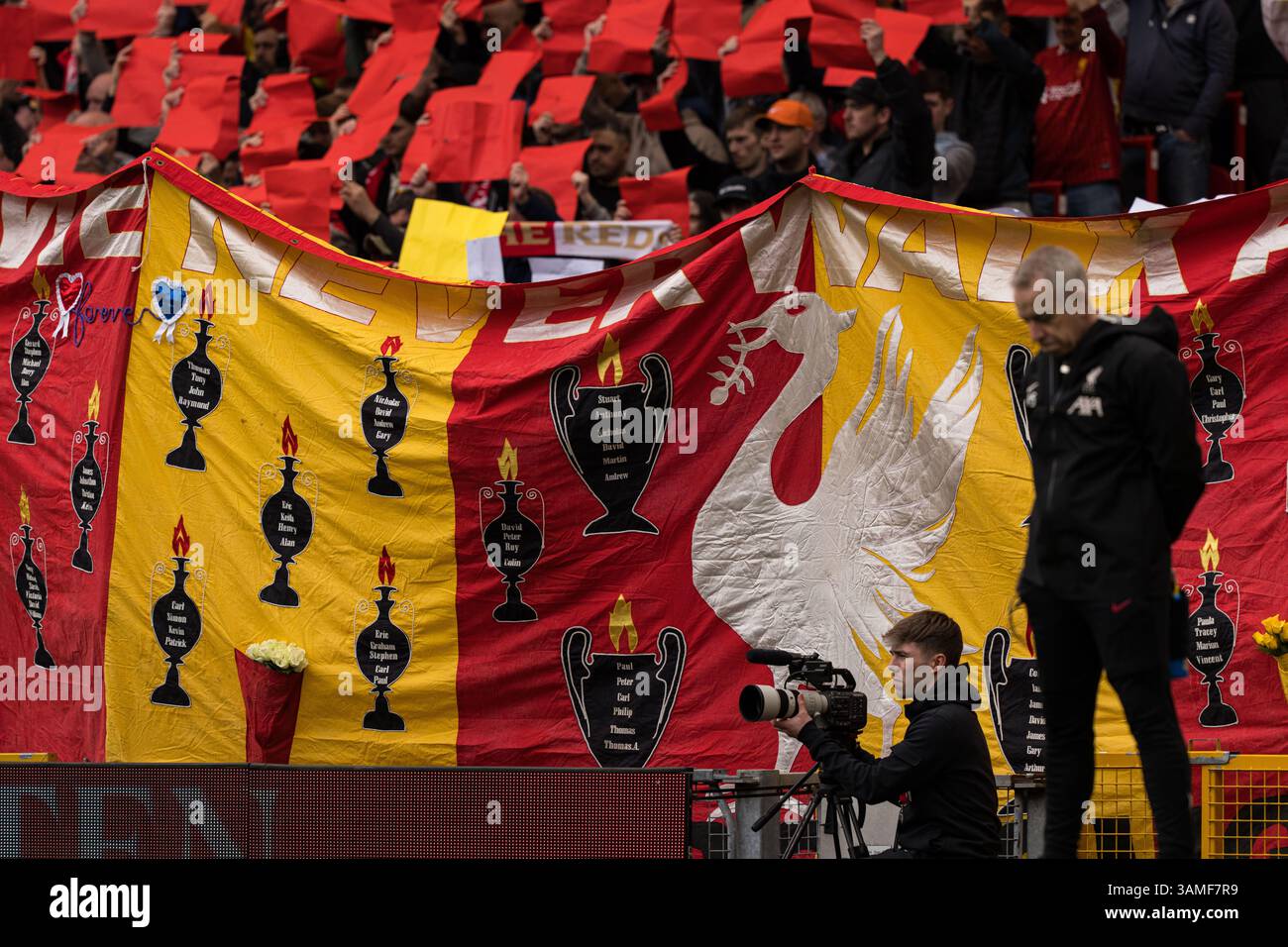 Anfield, Liverpool on Sunday 13th April 2025. The Kop at Liverpool ...