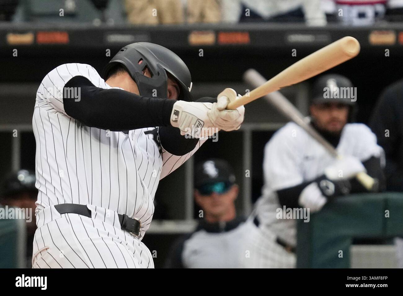 Chicago White Sox's Matt Thaiss hits a one-run single during the eighth ...