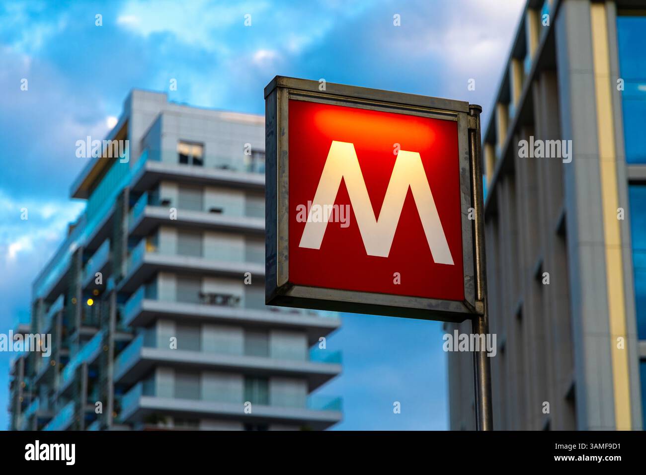 Illuminated metro sign at Gioia Metro Station, Milan, Italy Stock Photo ...