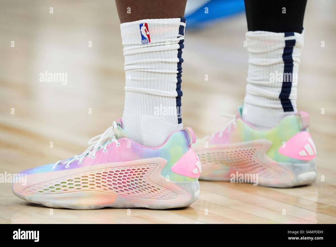 The shoes worn by Minnesota Timberwolves guard Anthony Edwards (5) are ...