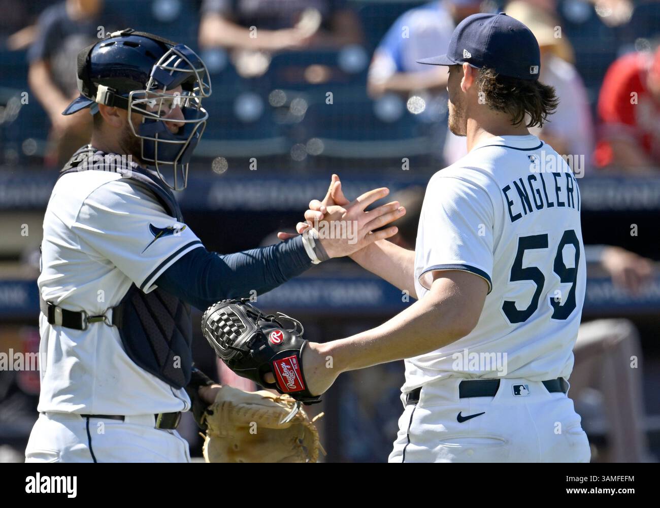 Tampa Bay Rays catcher Danny Jansen and pitcher Mason Englert (59 ...