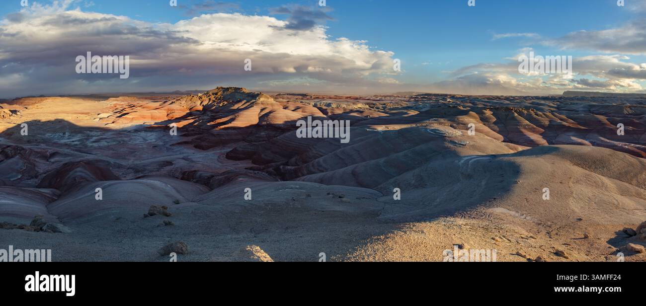 The colorful Bentonite Hills and the Henry Mountains outside of ...