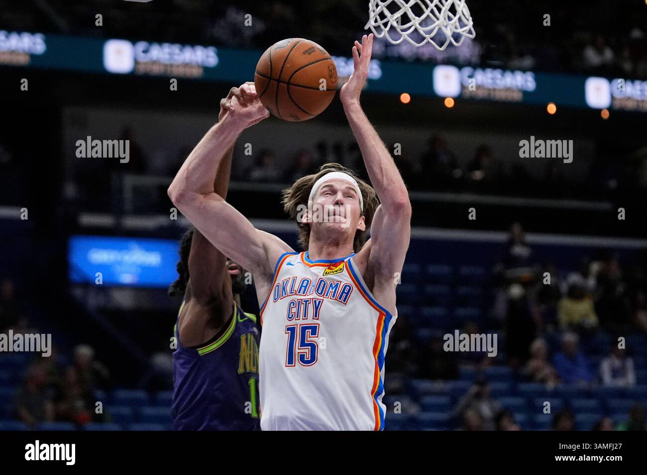 Oklahoma City Thunder center Branden Carlson (15) is fouled by New ...