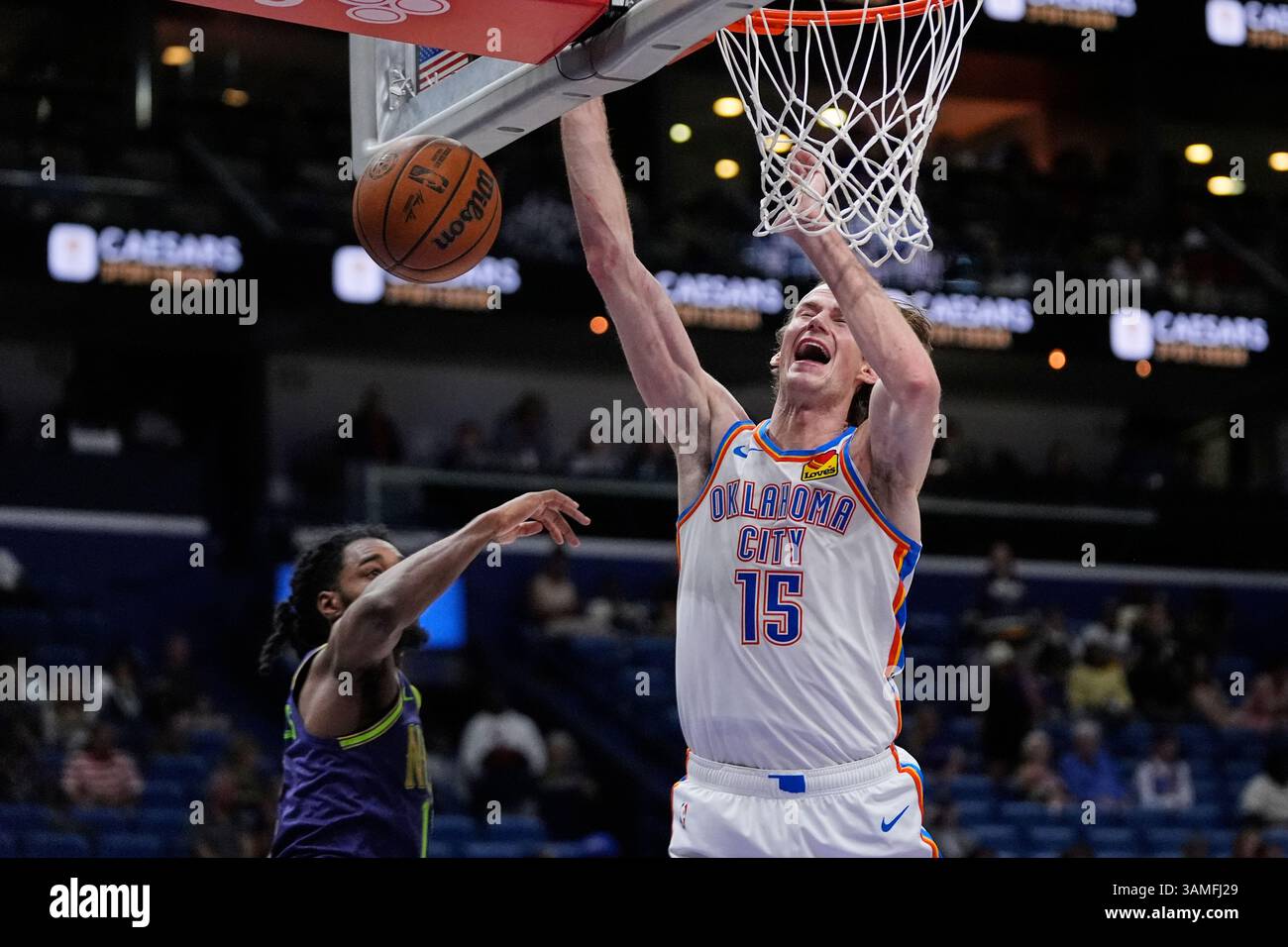 Oklahoma City Thunder center Branden Carlson (15) is fouled by New ...