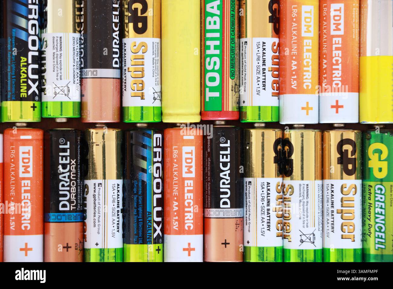 Assorted alkaline batteries in various sizes and brands on display ...