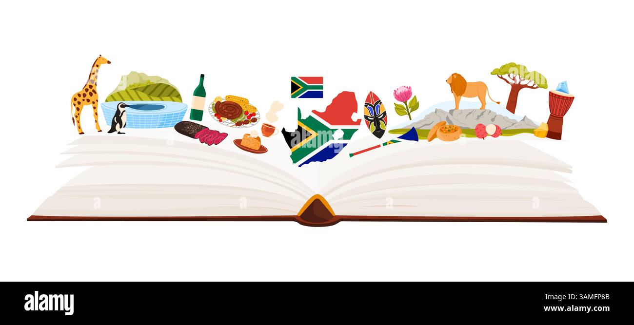 An open book showcasing South Africa landmarks, wildlife, traditional ...