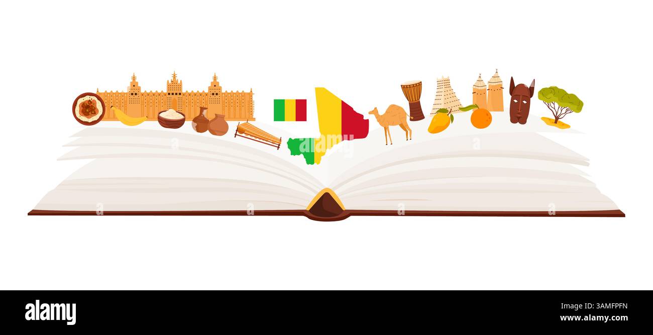Open book illustrating Malian culture with traditional symbols ...