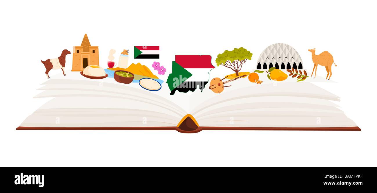 An open book depicting Sudan cultural elements, landmarks, traditional ...
