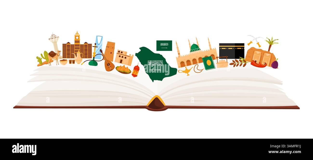 Saudi Arabia culture elements and Islamic landmarks, Arabic language ...