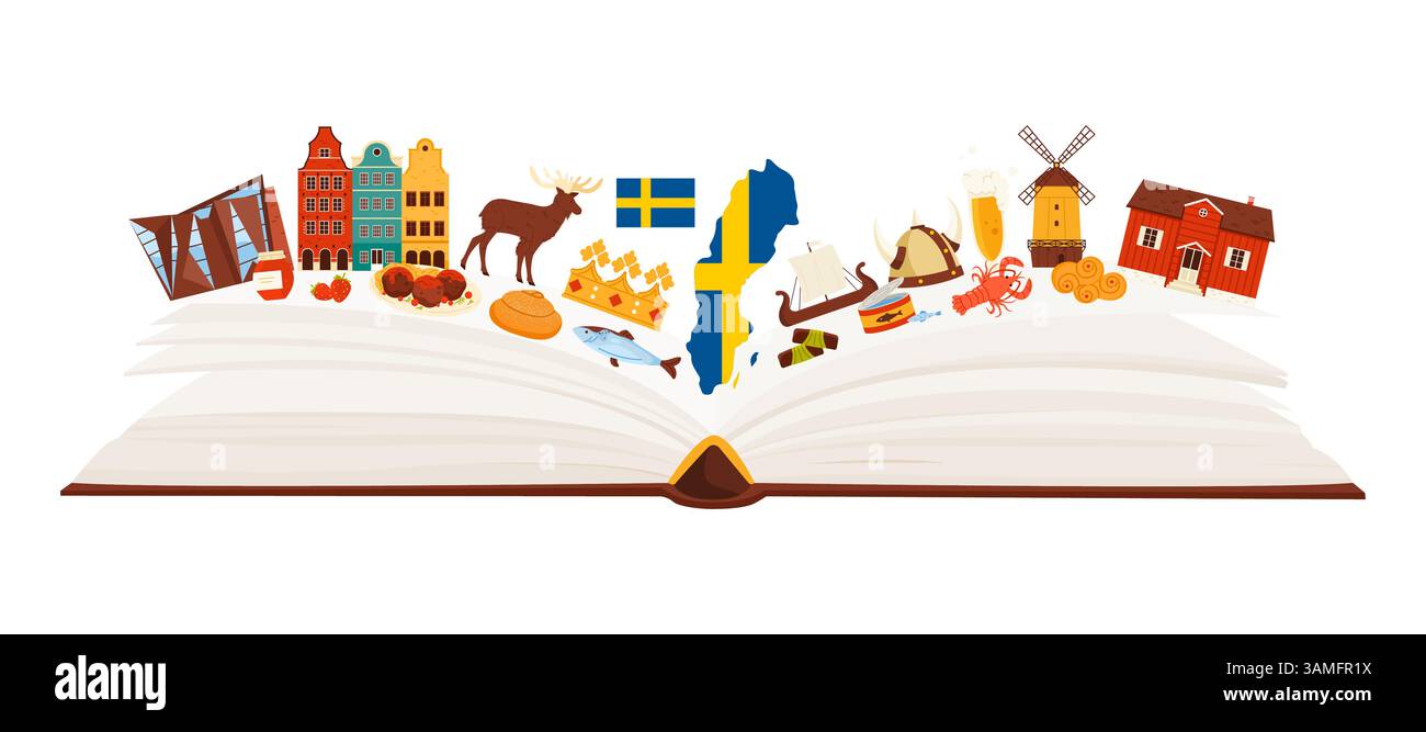 The image depicts an open book showcasing iconic Swedish elements like ...