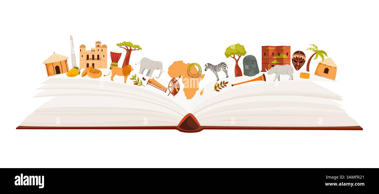Open book featuring African culture, iconic animals, and traditional ...