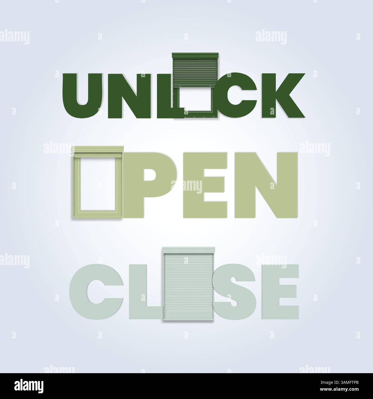 Unlock, open, close concept art, shutter open, blinds open isolated ...